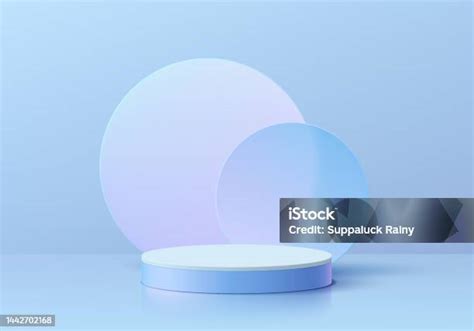 현실적인 실린더 받침대 연단이 있는 추상 파란색 3d 배경 파란색 홀로 둥근 원이 배경과 겹칩니다 파스텔 최소 벽 장면 모형 제품 디스플레이 벡터 기하학적 형태 무대