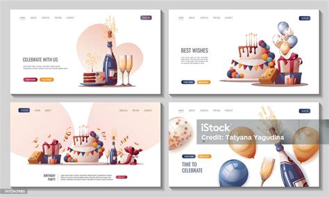 생일 케이크 샴페인 컵 케이크 선물 모자 색종이가있는 웹 페이지 세트 생일에 대한 스톡 벡터 아트 및 기타 이미지 생일 기념일 축하하기 Istock
