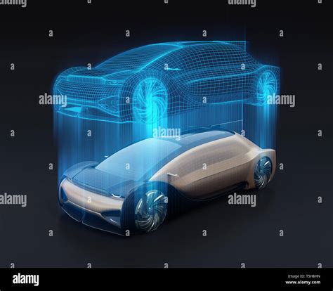 Autonomous Electric Car And Wireframe Rendering Of The Car Body On Black Background Digital