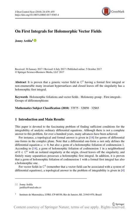 On First Integrals For Holomorphic Vector Fields
