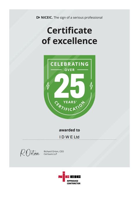Niceic Certificate Of Excellence M And E Contractor London