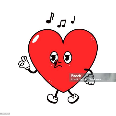 귀여운 재미있는 심장 걷기 노래 캐릭터 벡터 손으로 그린 전통 만화 빈티지 복고풍 카와이 캐릭터 일러스트 레이 션 아이콘 고립 된 흰색 배경 하트 워크 노래 캐릭터 개념에