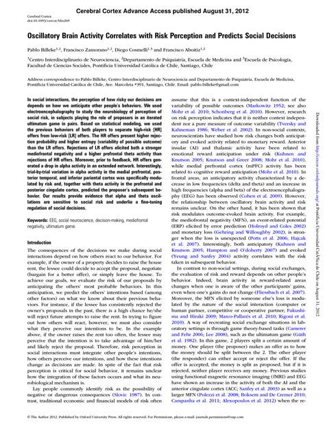 Pdf Oscillatory Brain Activity Correlates With Risk Perception And Predicts Social Decisions