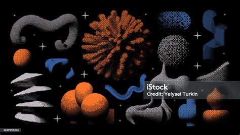 추상적인 기하학적 요소 디더링 하프톤 Stipplism 효과가 있는 범용 3d 비트맵 모양 미니멀리즘 스타일 포스터 배너 명함 옷 그래픽 검은색 배경에 격리 원형에 대한