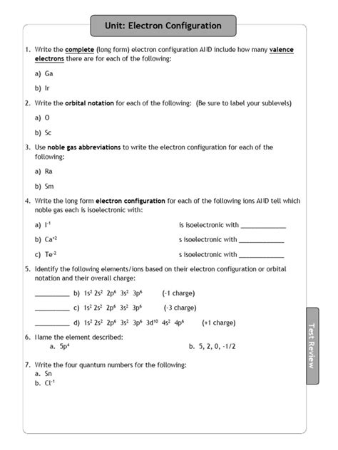 Electron Configuration Unit Test Review Pdf Teaching Methods