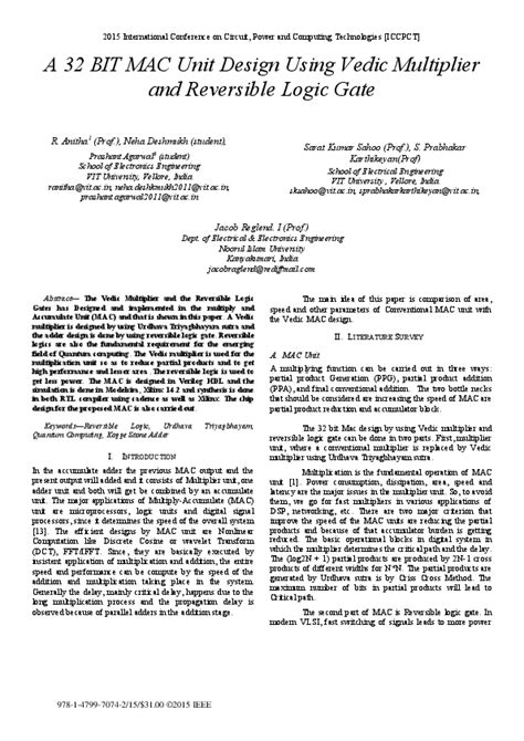 Pdf A 32 Bit Mac Unit Design Using Vedic Multiplier And Reversible