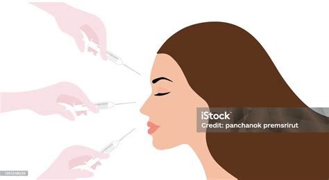 진피 필러 주사 여자는 주사기와 장갑에 의사의 손으로 얼굴 뷰티 리프팅 안티 에이징 트리트먼트 벡터 일러스트 성형수술에 대한