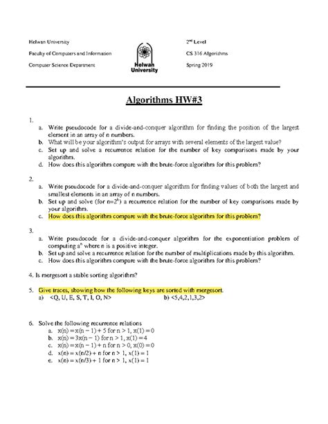 Cs316 Algorithm Hw 3 Helwan University 2 Nd Level Faculty Of Computers And Information Cs 316
