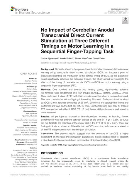 Pdf No Impact Of Cerebellar Anodal Transcranial Direct Current Stimulation At Three Different
