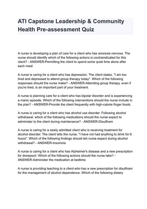 Ati Capstone Leadership And Community Health Pre Assessment Quiz Questions And Verified Answers