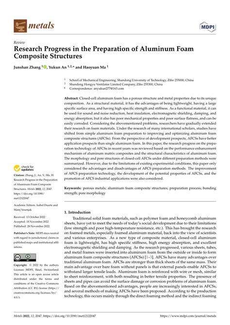 Pdf Research Progress In The Preparation Of Aluminum Foam Composite