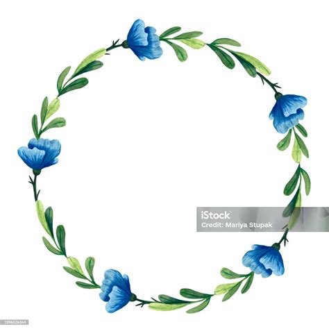 귀여운 봄 꽃 화환 구아슈 그림 푸른 꽃과 녹색 잎 우아함 귀여운 꽃 프레임 여름 꽃다발 서클 프레임 일러스트레이션의 만화 스타일 손으로 그린 그림 0명에 대한 스톡 벡터