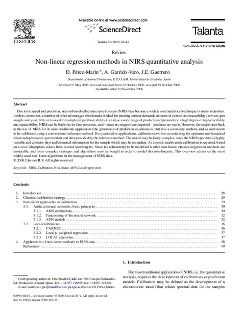 Pdf Non Linear Regression Methods In Nirs Quantitative Analysis