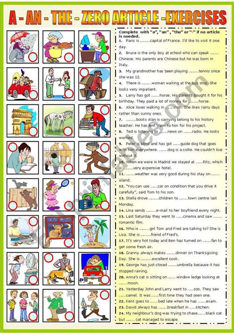 A An The Zero Article Exercises Bandw Version Included Esl Worksheet By Katiana