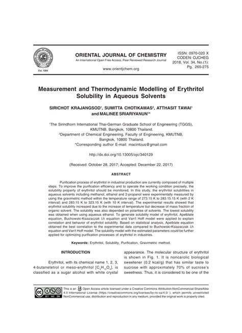 Pdf Measurement And Thermodynamic Modelling Of Erythritol Solubility In Aqueous Solvents