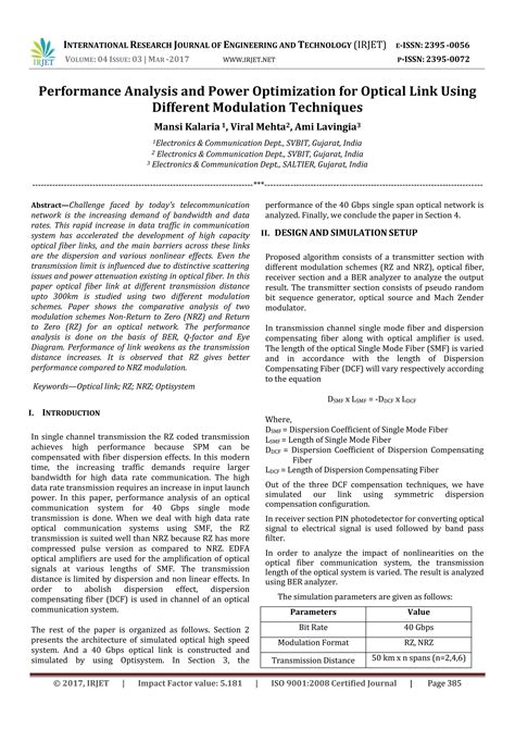 Performance Analysis And Power Optimization For Optical Link Using Different Modulation