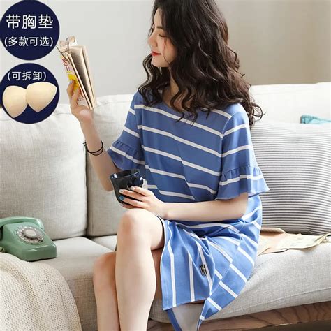 여성용 가슴 패드 나이트 드레스 브래지어 여름 코튼 반팔 홈웨어 스트라이프 얇은 출산 잠옷 티몬