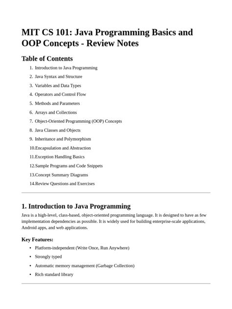 Mit Cs 101 Java Basics And Oop Concepts Review Notes Pdf Method Computer Programming