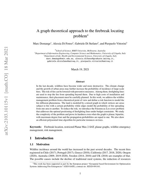 Pdf A Graph Theoretical Approach To The Firebreak Locating Problem