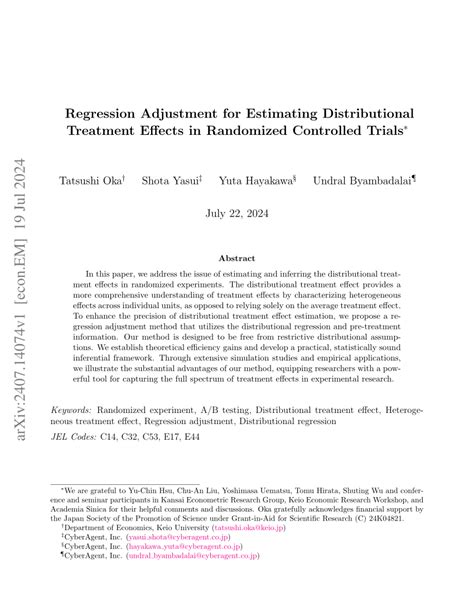 Pdf Regression Adjustment For Estimating Distributional Treatment Effects In Randomized
