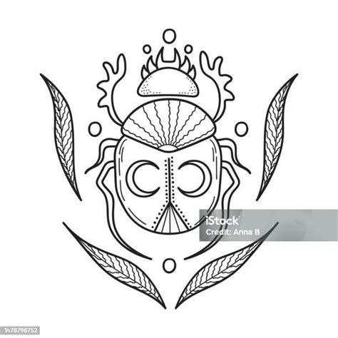 나뭇잎으로 둘러싸인 신비로운 풍뎅이 딱정벌레 영적 디자인을 위해 손으로 그린 마법의 낙서 요소 라인 아트 흰색으로 격리된 벡터 그림 고딕 양식에 대한 스톡 벡터 아트 및