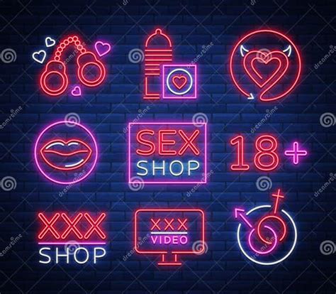 Sex Shop Set Of Logos Signs Symbols In Neon Style Collection Of Emblems Shop For Adults