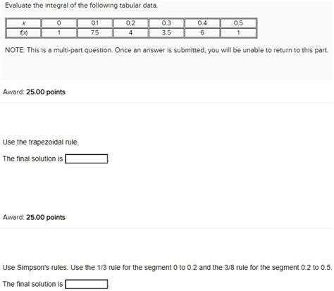 solved evaluate the integral of the following tabular data 0 5 35 note this multi part