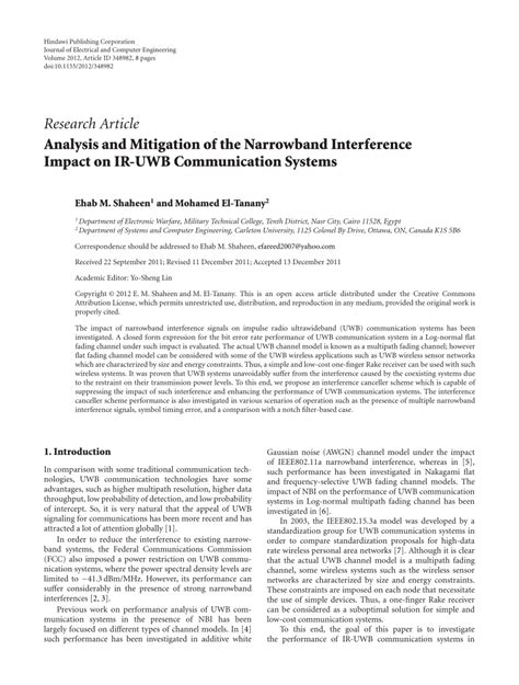 Pdf Analysis And Mitigation Of The Narrowband Interference Impact On Ir Uwb Communication Systems
