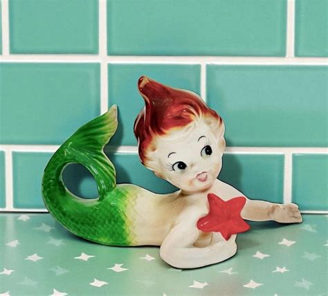 Vintage Norcrest Bradley Mermaid Wall Plaque Figurine Japan 1950s Red