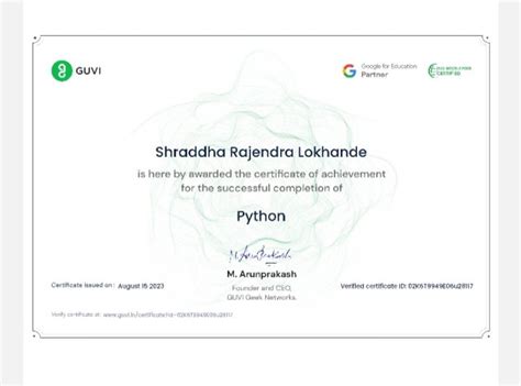 Earned Python Certification From Guvi Shraddha Lokhande Posted On The