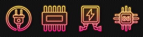 마이크로 회로 Cpu와 프로세서와 마이크로 회로 Cpu와 라인 전기 변압기 전기 플러그 프로세서를 설정합니다 빛나는 네온 아이콘