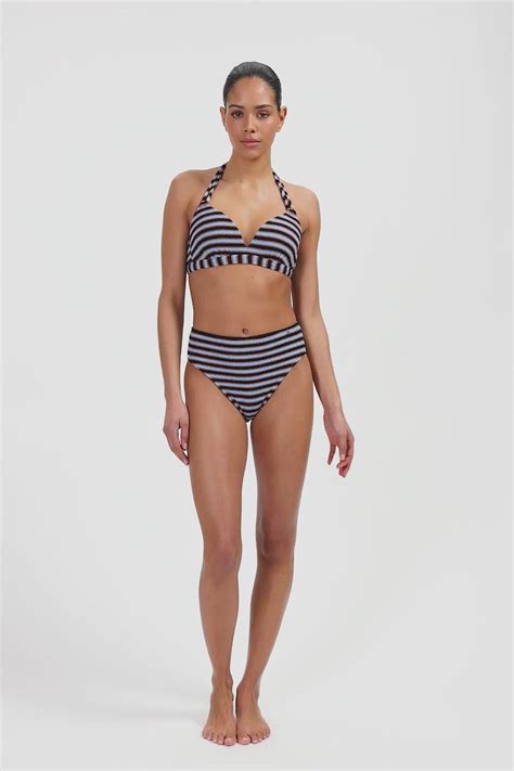 Blue Ribbed Stripe Halter Bikinitop Met Beugel Beachlife