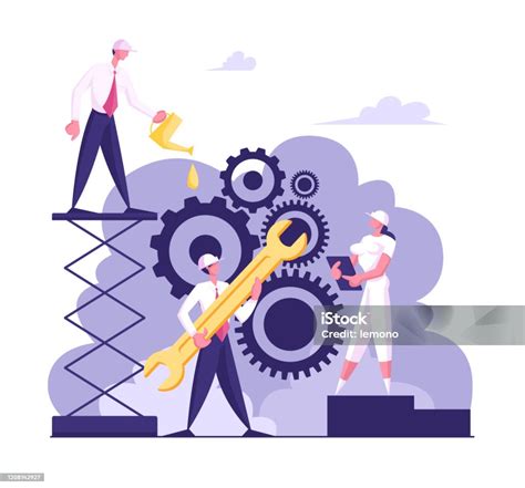 렌치와 오일캔을 사용하여 거대한 기어 메커니즘을 움직이는 하드햇의 비즈니스 캐릭터 태블릿에서 톱니바퀴 프로세스를 관리하는 여성 작업 루틴 및 팀워크 개념 만화 플랫 벡터