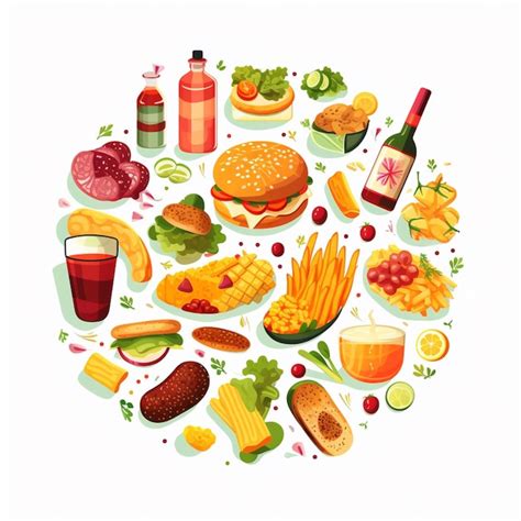 음식 터 디자인 레스토랑 메뉴 아이콘 일러스트 햄버거 피자 세트 식사 그래픽 음료 프리미엄 Ai 생성 벡터