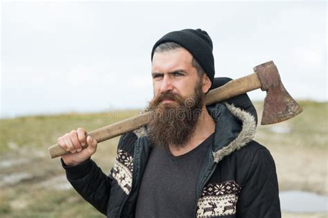 Bearded Handsome Serious Man With Rusty Axe On Mountain Top Stock Image Image Of Hilt