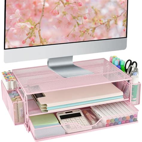 Fashionsecretsllc Pink Computer Monitor Stand Riser With Drawers And Pen Holders Desk