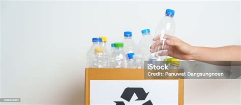 자원 봉사자는 집이나 사무실에서 플라스틱 병을 종이 상자에 보관합니다 손 분류 재활용 쓰레기 생태학 환경 오염 재활용 처리 폐기물 관리 및 쓰레기 분리 개념 0에 대한 스톡