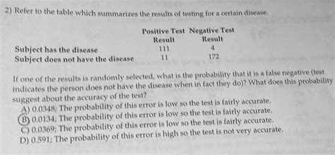 2 refer to the table which summarizes the results of testing for a