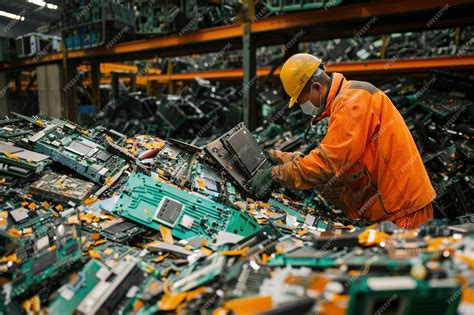 Worker Disassembling Old Electronics Sorting Components For Ewaste