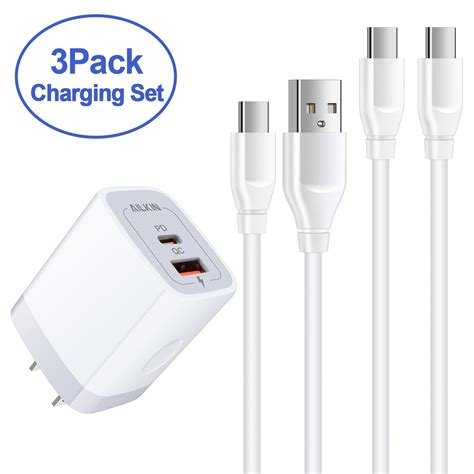 AILKIN 20W PD USB C Block QC3 0 Dual Port With 2x 6ft Fast Charge Double Cables White