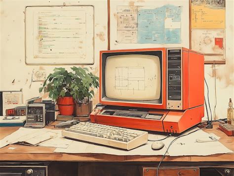 Old Computer Drawing Of Retro Tech Office Featuring Vintage Monitor Bulky Hardware Early
