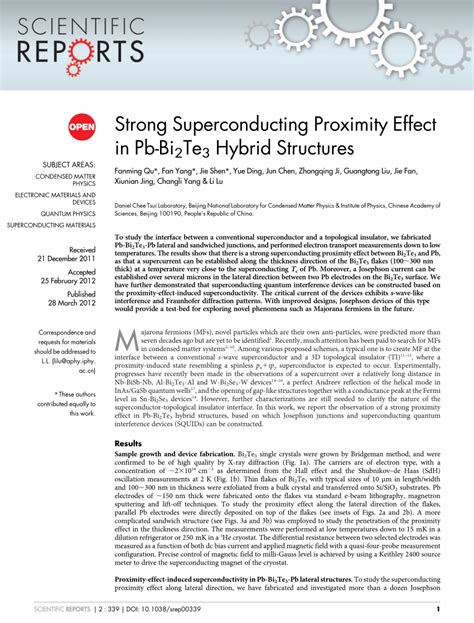 Pdf Strong Superconducting Proximity Effect In Pb Bi2te3 Hybrid Structures