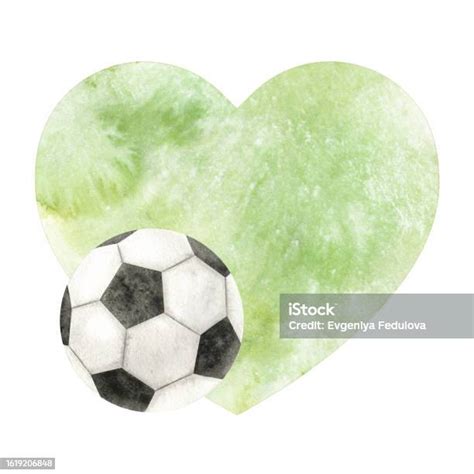 축구공과 녹색 수채화 하트 축구 엠블럼 스포츠 경기의 속성 수채화 그림입니다 격리 축구 클럽 스포츠 용품 매장 포스터 및 엽서 디자인 Championship에 대한 스톡