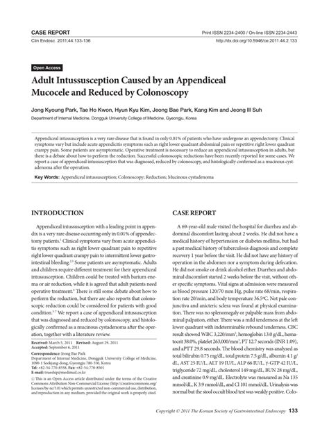 Pdf Adult Intussusception Caused By An Appendiceal Mucocele And Reduced By Colonoscopy