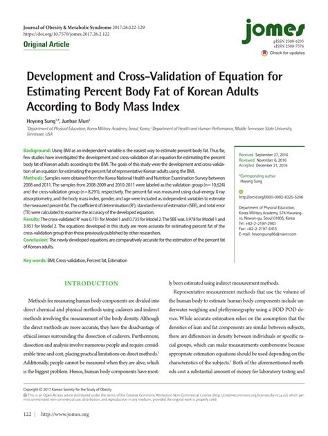 Pdf Development And Cross Validation Of Equation For Estimating Percent Body Fat Of Korean