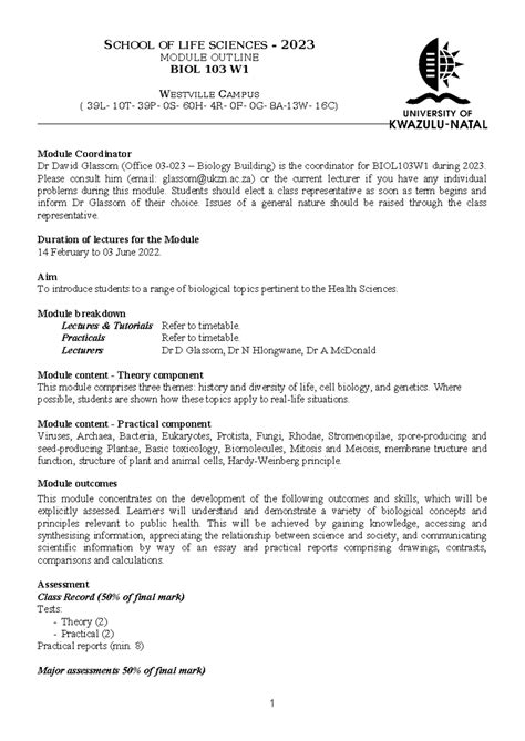 Biol103 Module Outline 2023 School Of Life Sciences 2023 Module Outline Biol 103 W Westville