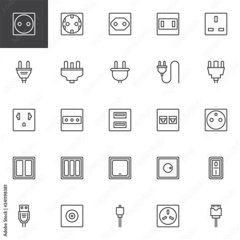 Plug And Socket Types Outline Icons Set Linear Style Symbols