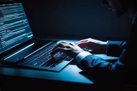 Premium Photo A Business Man Typing On Laptop Keyboard 2 Hands In Dark Office Freelancer Laptop