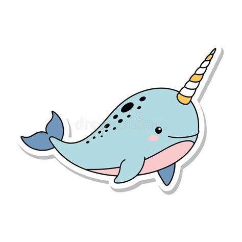 Cute Cartoon Narwhal Sticker With A Golden Horn And Blue Body Stock