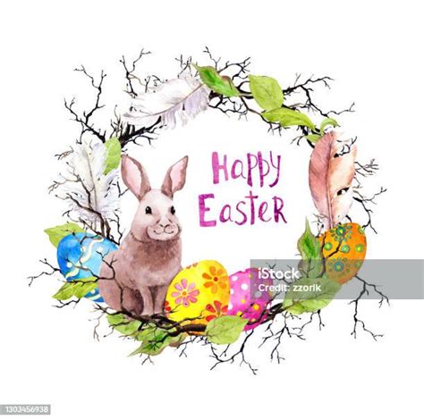 달걀 가지 봄 잎 깃털 장식 부활절 토끼 빈티지 화환 텍스트 해피 부활절 수채화 0명에 대한 스톡 벡터 아트 및 기타 이미지 0명 공휴일 귀여운 Istock